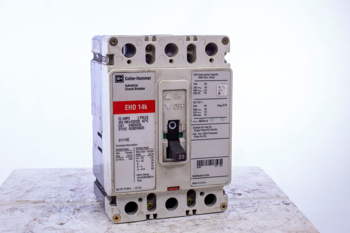 Eaton EHD3020L Series C Industrial Circuit Breaker 3 Pole 20 Amps 480 ...